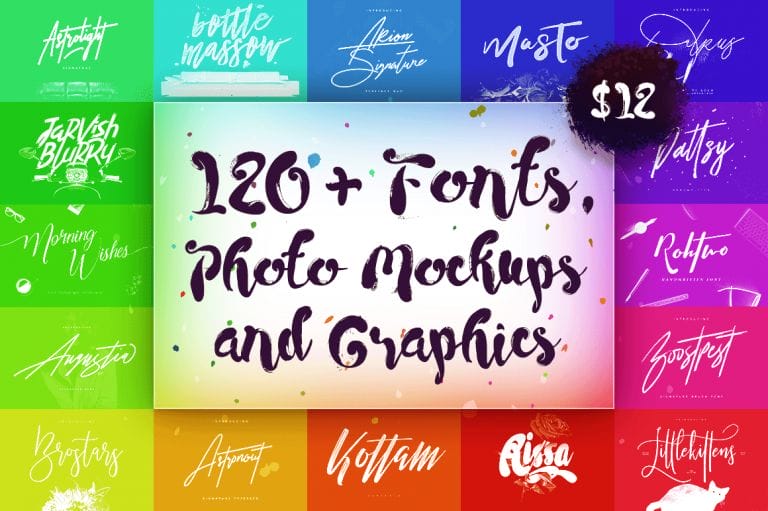 120+ Fonts, Photo Mockups and Graphics - only $12!