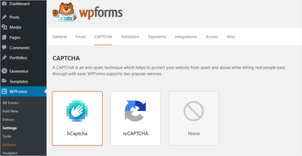 Add hCaptcha with WPForms